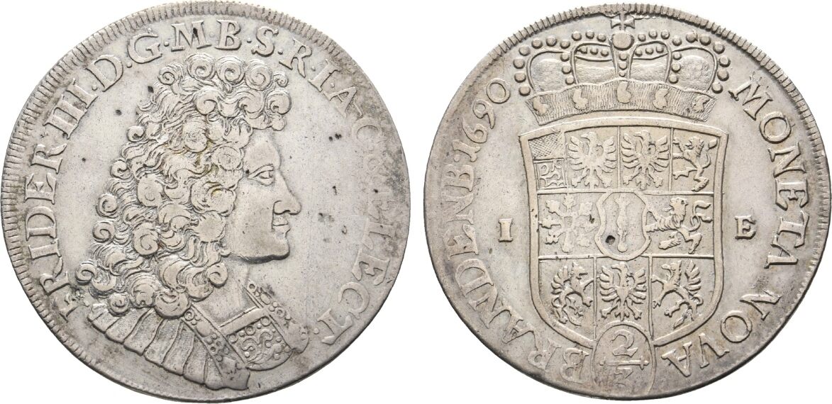 Brandenburg-Preußen 2/3 Taler 1690 IE Magdeburg Friedrich III. 1688 ...