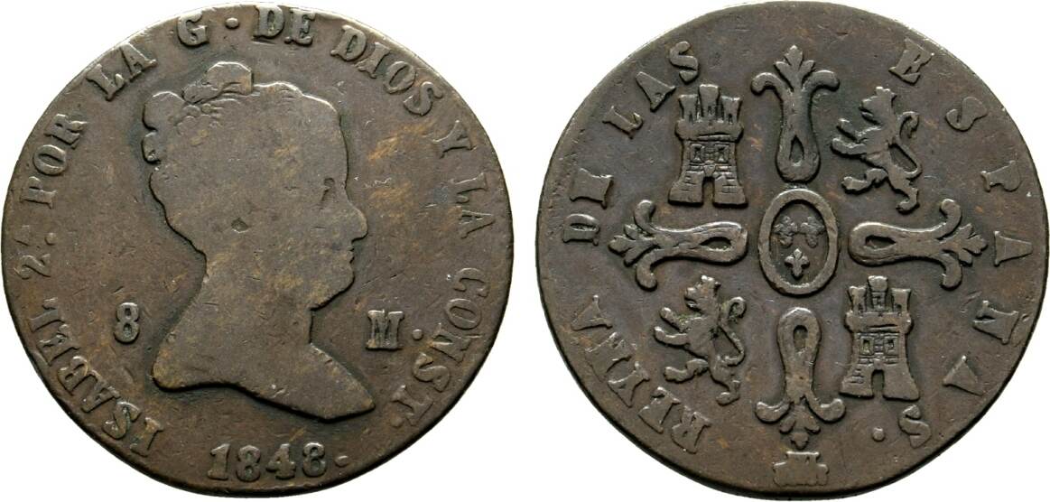 Spanien Cu 8 Maravedis 1848 Jubia Isabel II. 1833-1868 Schön - sehr ...