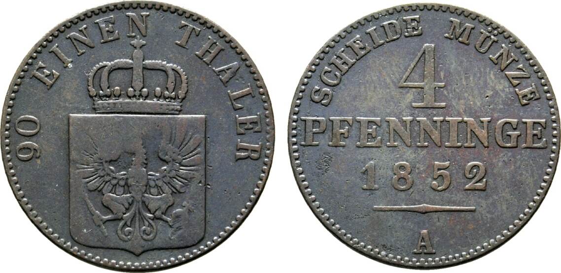 Brandenburg-Preußen Cu 4 Pfennig 1852 A Friedrich Wilhelm IV. 1840-1861 ...