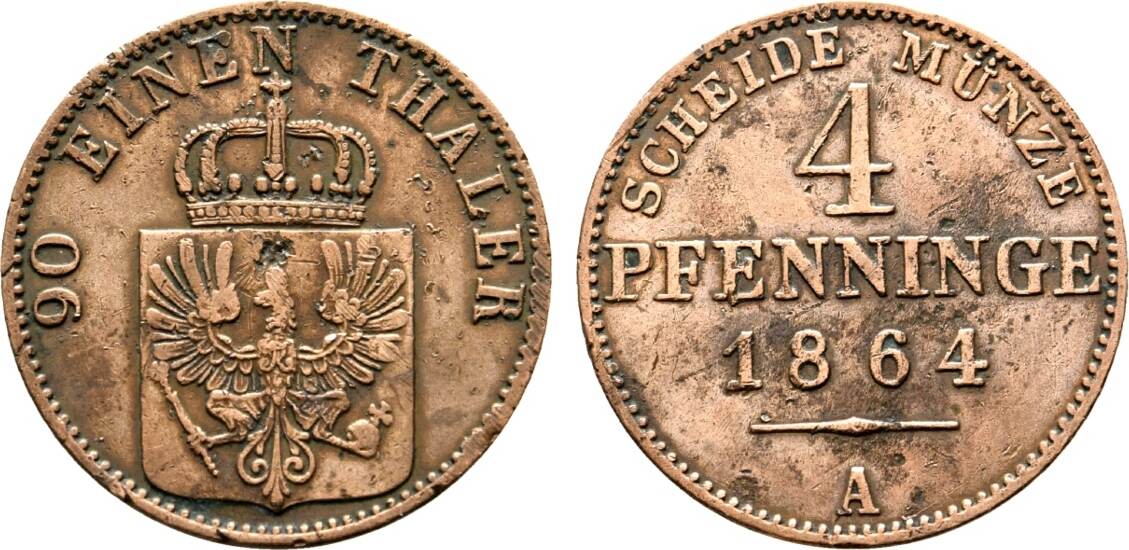 Brandenburg-Preußen Cu 4 Pfennig 1864 A Wilhelm I. 1861-1888 Kratzer ...