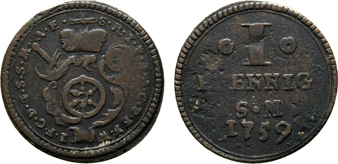 Mainz, Erzbistum Cu Pfennig 1759 Erfurt Johann Friedrich Karl Graf von ...