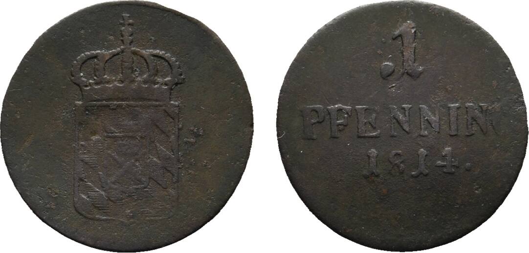 Bayern Cu Pfennig 1814 Maximilian I. Joseph 1806-1825 Fast sehr schön ...