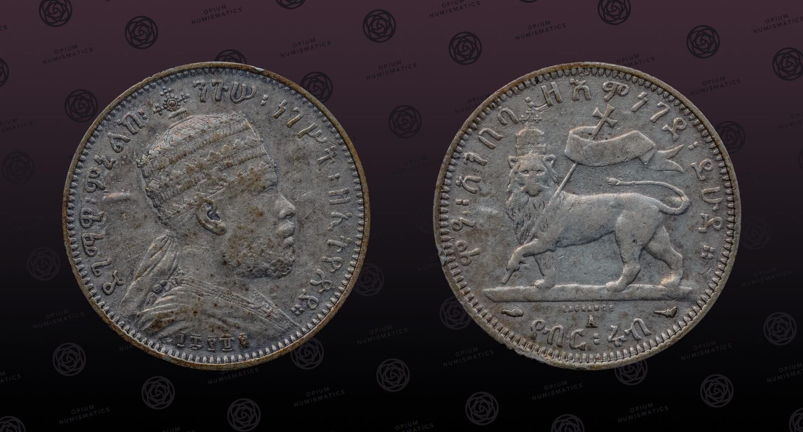 ETHIOPIA, KM# 3, Silver, Œ Birr, 1903, Mint Strike, Menelik II. Lion's ...
