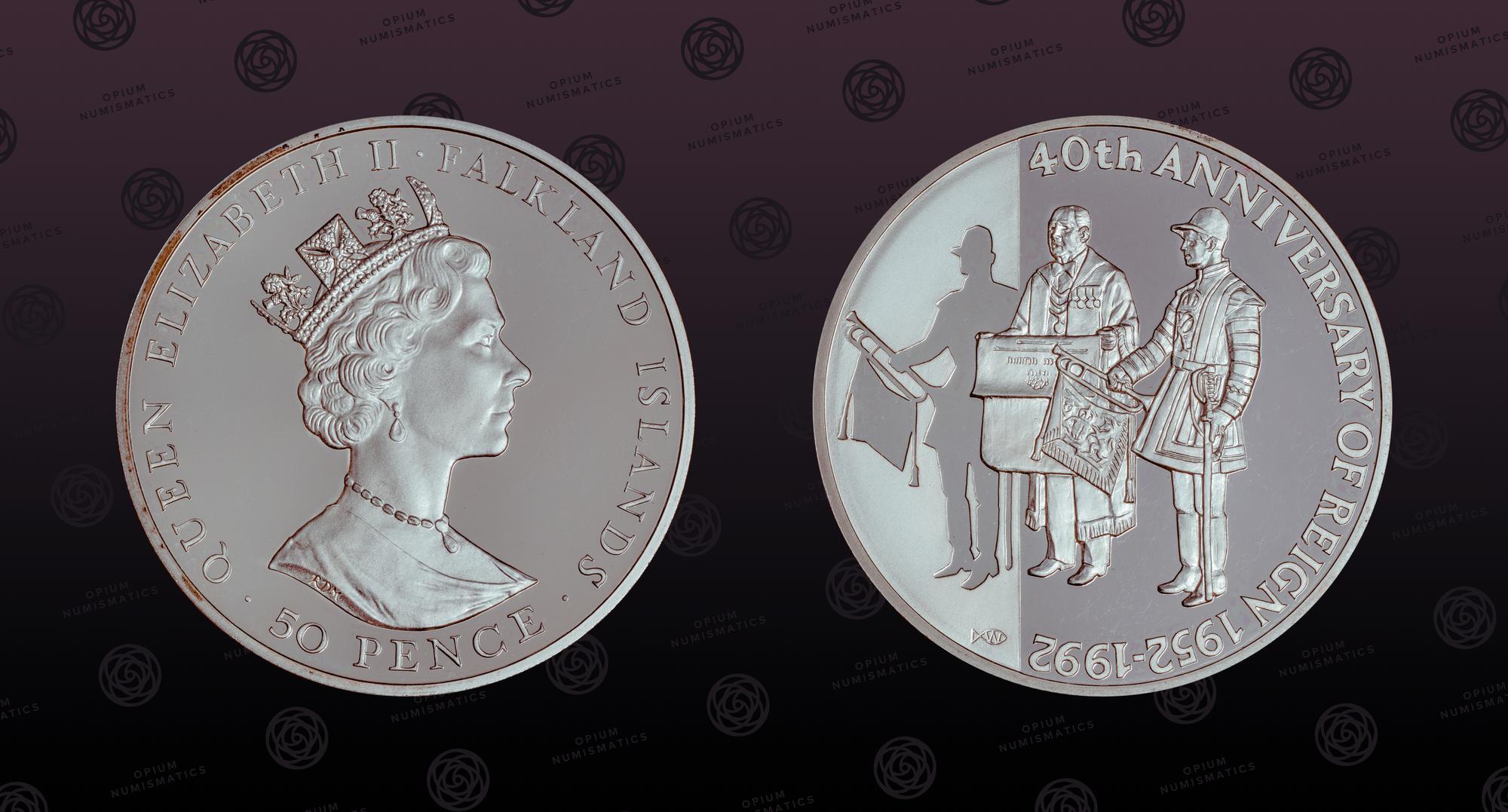 FALKLAND ISLANDS, KM P2, Silver, 50 Pence, 1992, Proof, 40th ...