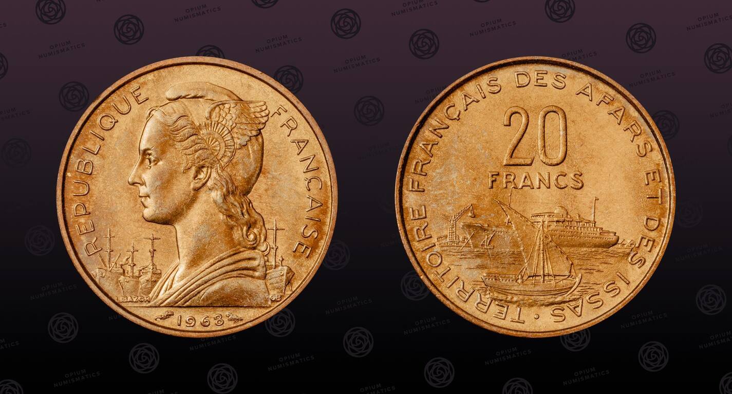 FRENCH AFARS & ISSAS, KM# 15, Aluminum-Bronze, 20 Francs, 1968, Mint Strike, Dhow, ocean liner ...