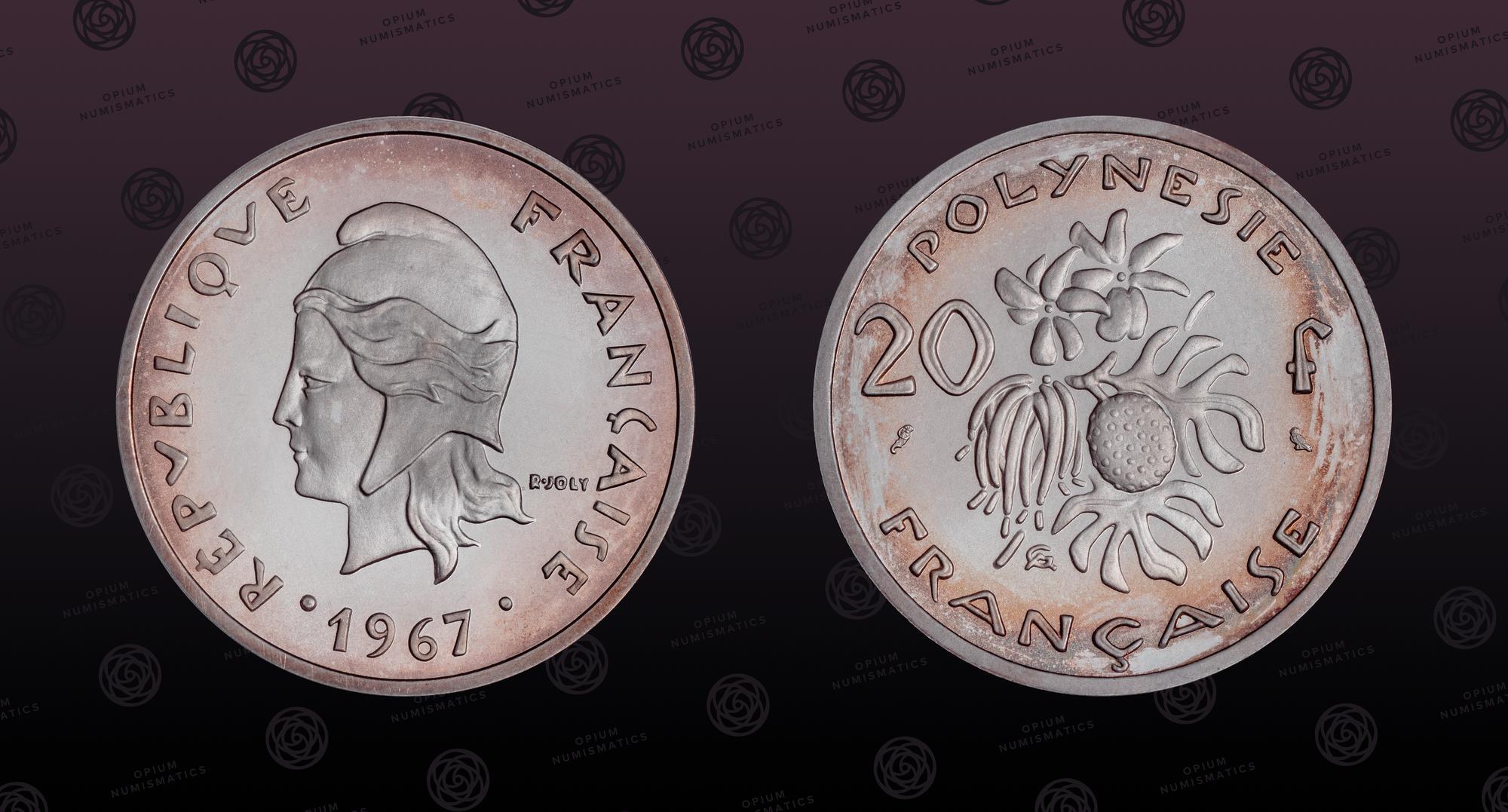 FRENCH POLYNESIA, KM P5, Silver, 20 Francs, 1967, Proof, French Polynesia landscape. Very rare ...