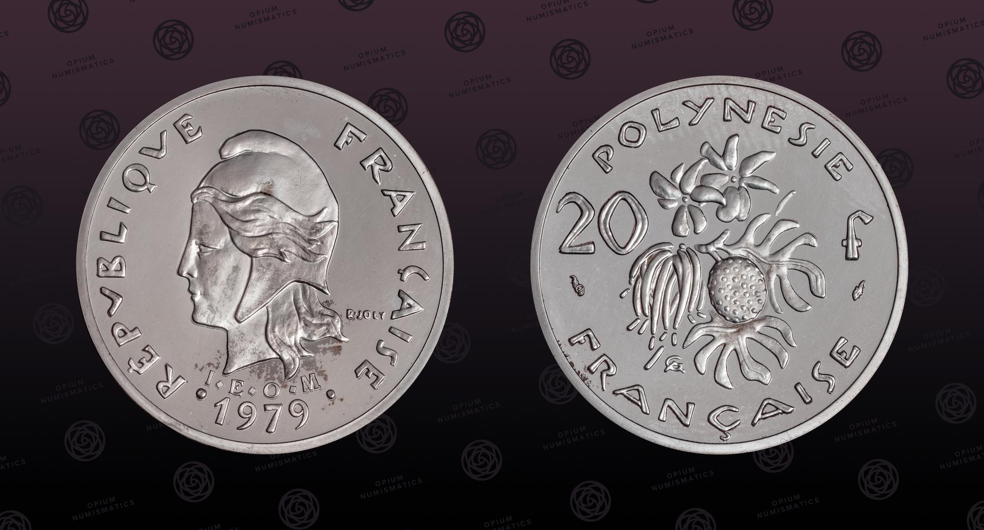 FRENCH POLYNESIA, KM P23, Silver, 20 Francs, 1979, Proof, French Polynesia landscape. Scarce ...