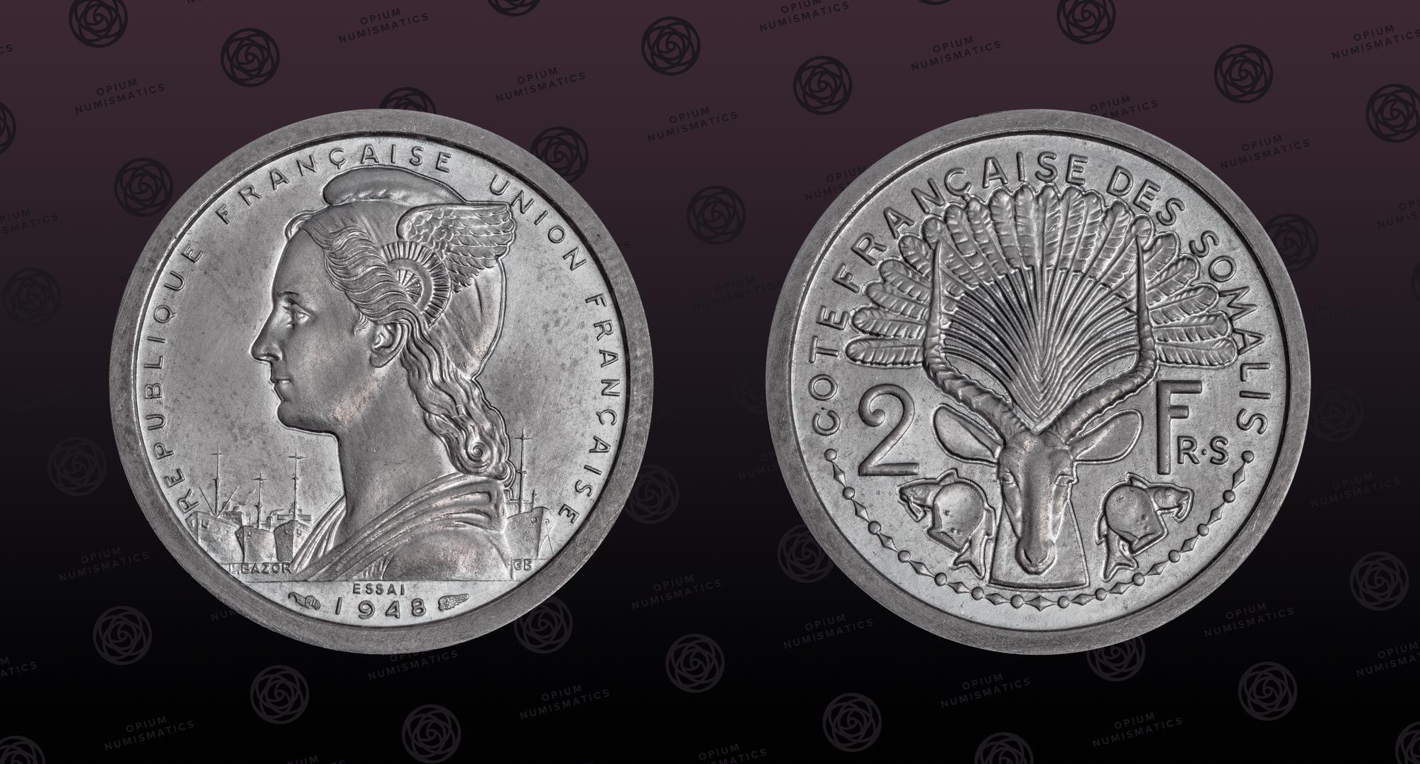 FRENCH SOMALILAND, KM PE2, Aluminum, 2 Francs, 1948, Specimen, Lyre ...