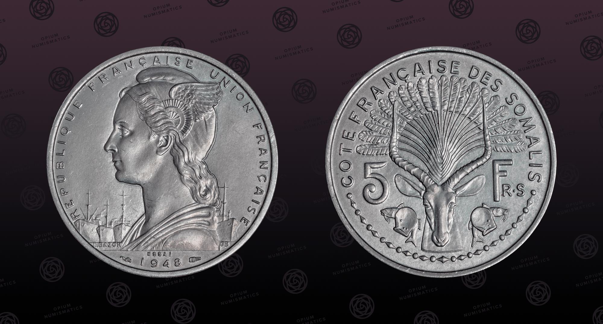 FRENCH SOMALILAND, KM PE3, Aluminum, 5 Francs, 1948, Specimen, Lyre antelope. Very rare Piefort ...