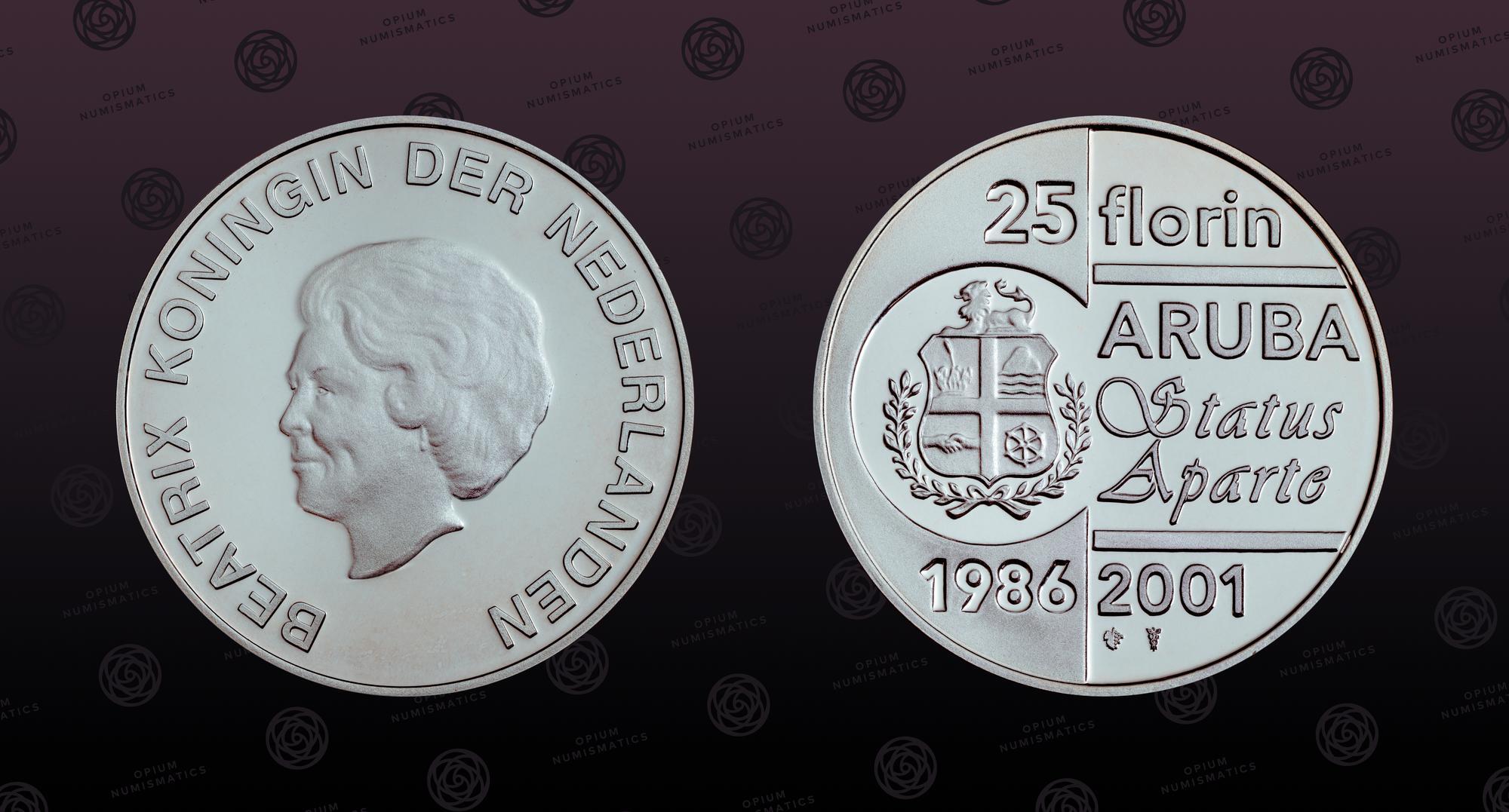 2001 ARUBA, KM# 22, Silver, 25 Florin, 2001, Proof, 15th Anniversary of ...