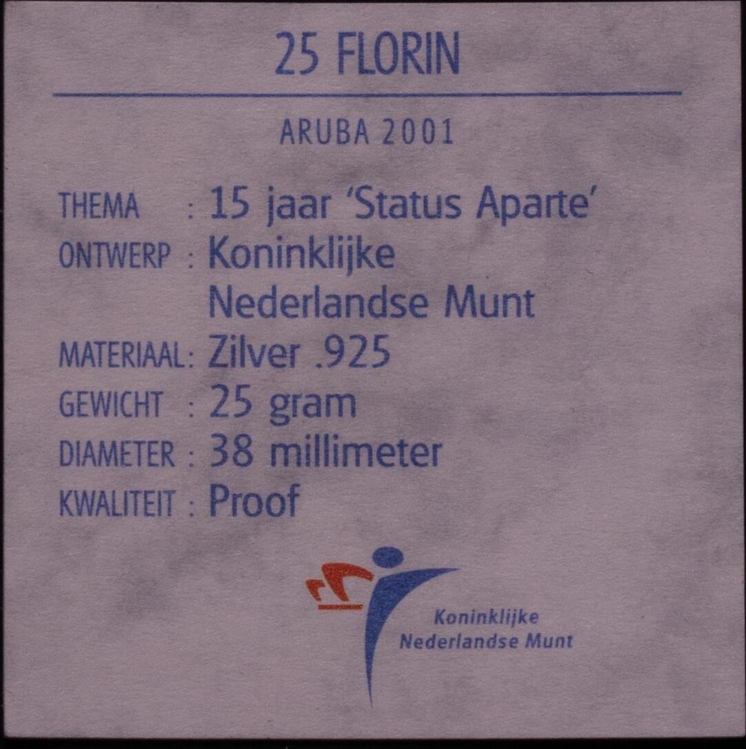 2001 ARUBA, KM# 22, Silver, 25 Florin, 2001, Proof, 15th Anniversary of ...