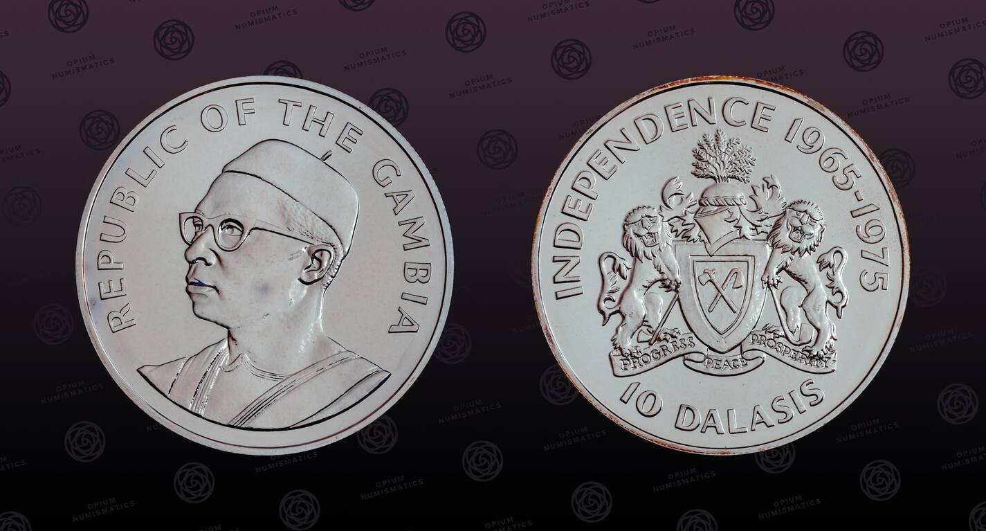 GAMBIA, KM# 16a, Silver, 10 Dalasis, 1975, Proof, 10th Anniversary of ...