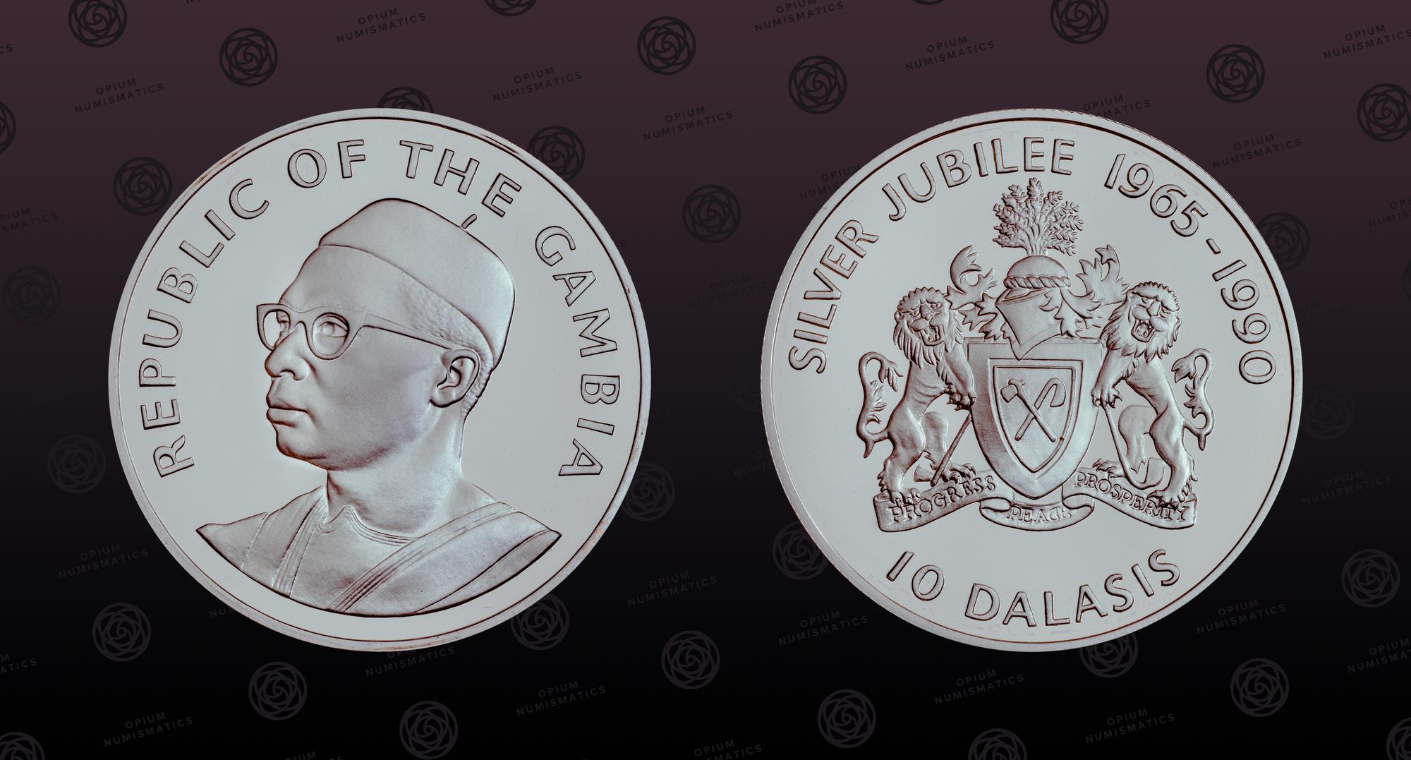 1990 GAMBIA, KM# 28, Silver, 10 Dalasis, 1990, Proof, Silver Jubilee of ...