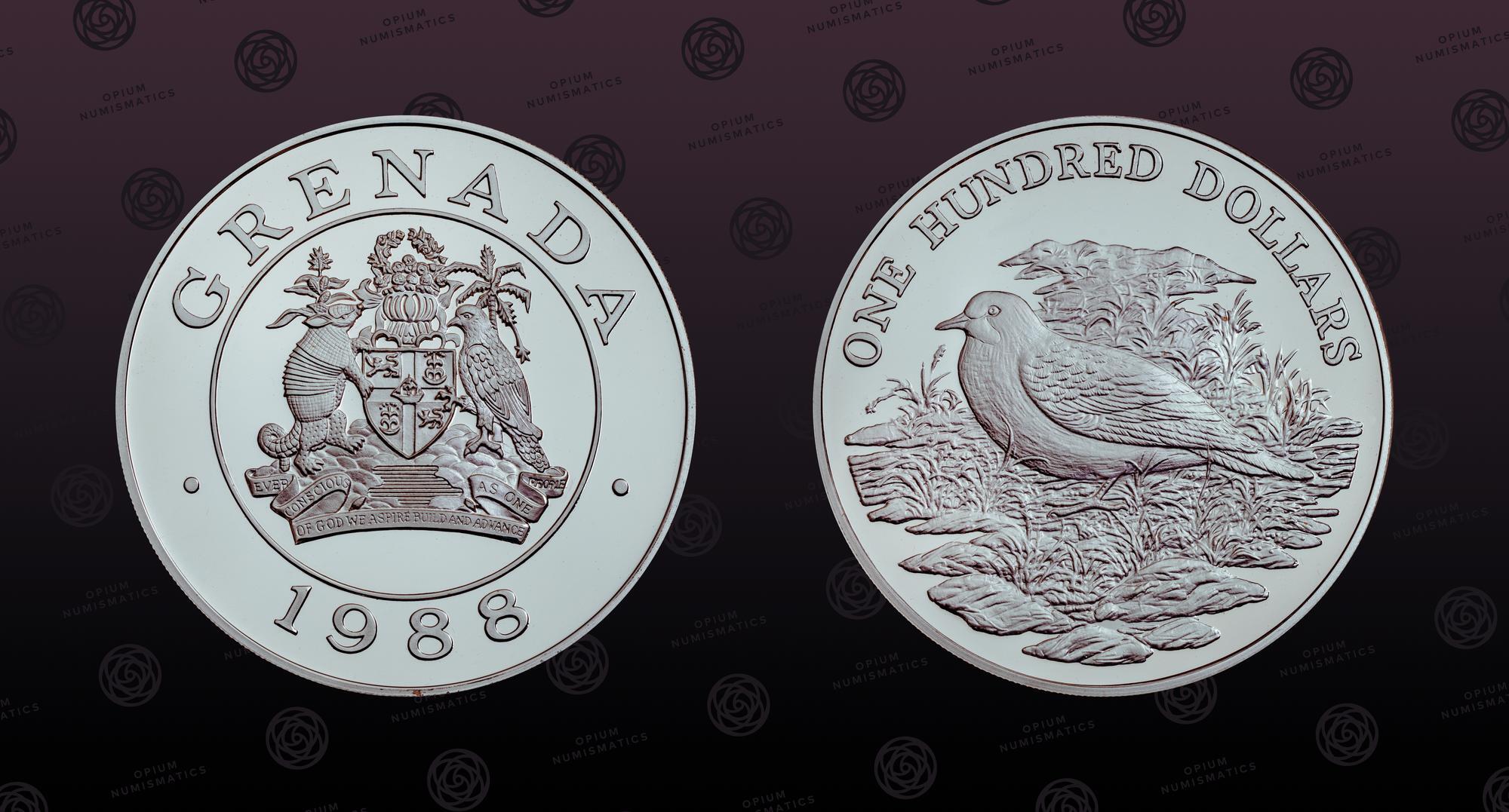 GRENADA, KM# 17 , Silver, 100 Dollars, 1988, Proof, Tropical Birds ...