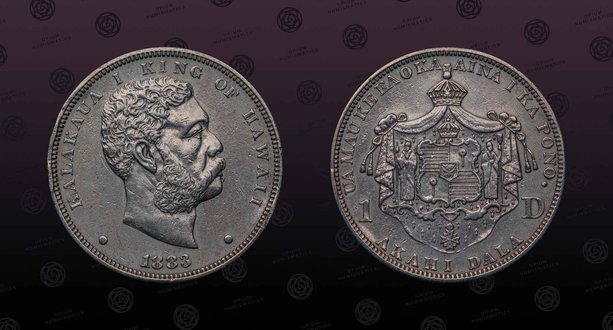 HAWAII, KM# 7, Silver, 1 Dollar, 1883, Mint Strike, King Kalakaua I - bust right. Mount removed ...