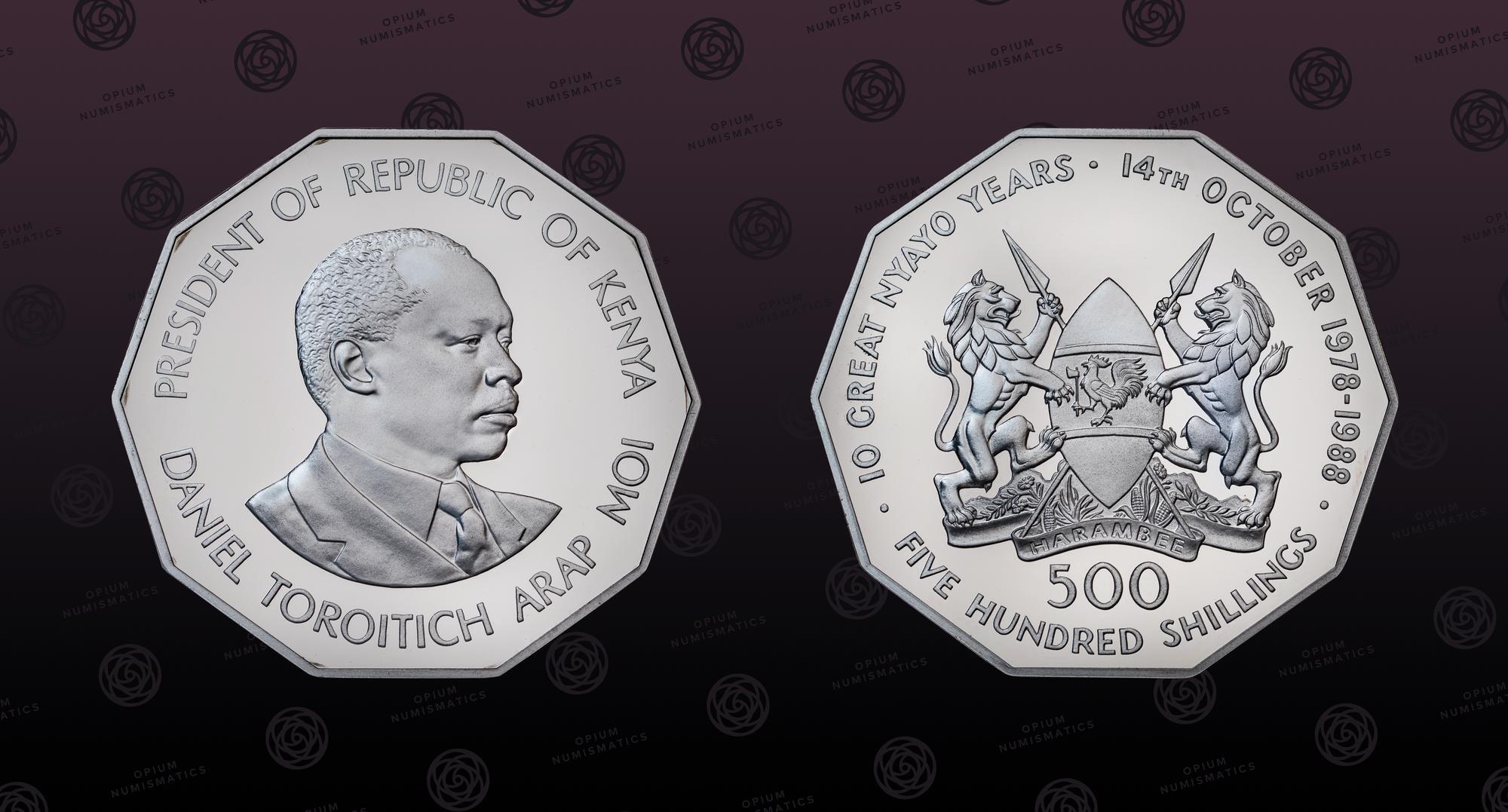 KENYA, KM# 24, Silver, 500 Shillings, 1988, Proof, 10th Anniversary of ...