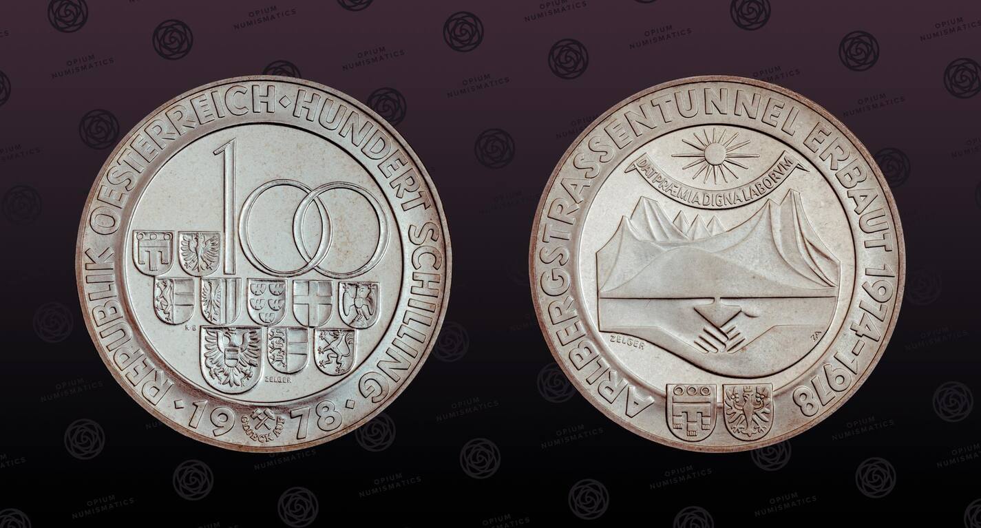 AUSTRIA, KM# 2941, Silver, 100 Schilling, 1978, Proof, Opening of Arlberg Tunnel. Coin in ...