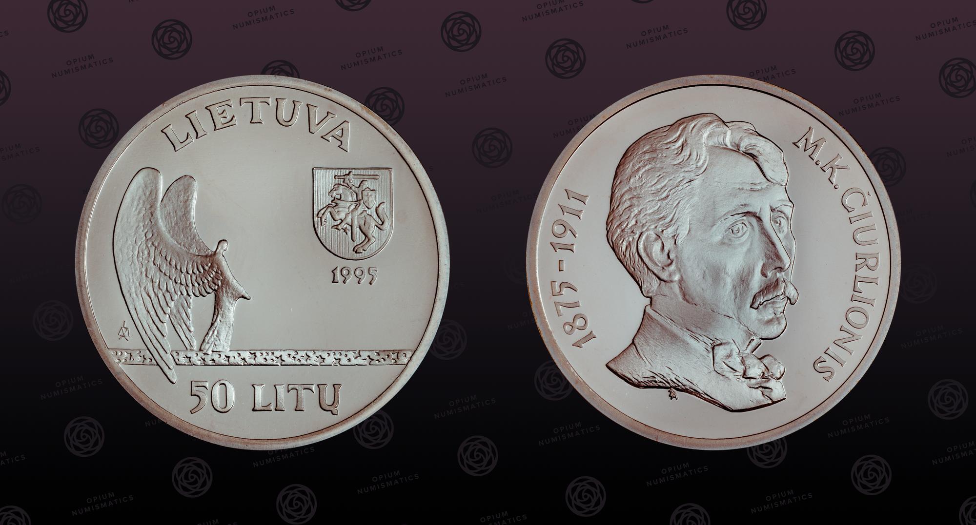 LITHUANIA, KM# 99, Silver, 50 Litu, 1995, Proof, 120th Birth ...