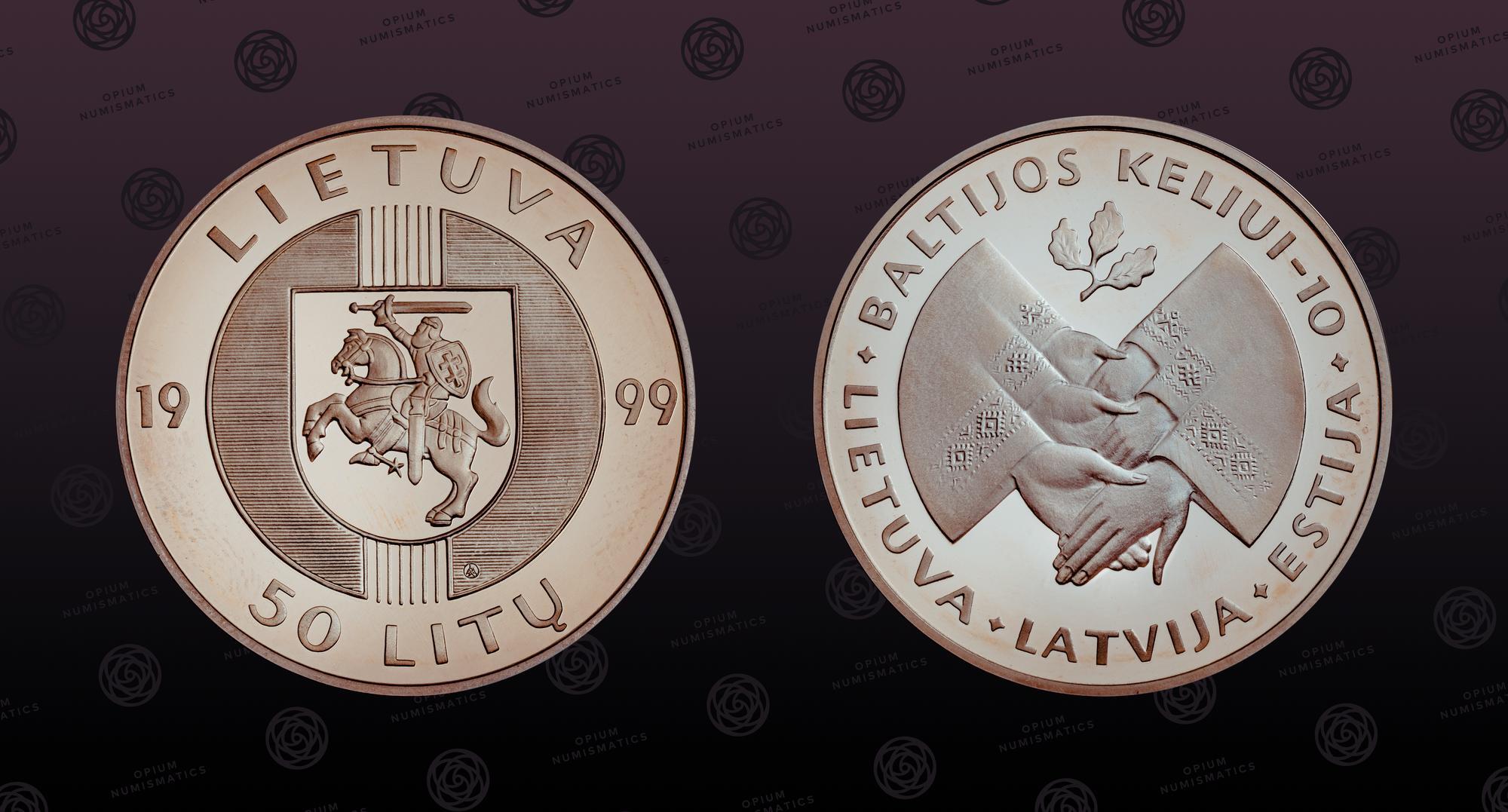 LITHUANIA, KM# 123, Silver, 50 Litu, 1999, Proof, 10th Anniversary ...