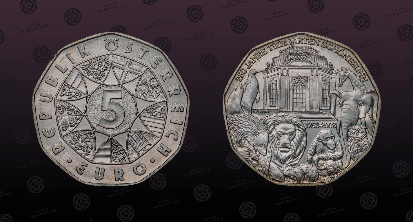 AUSTRIA, KM# 3091, Silver, 5 Euro, 2002, Mint Strike, Schoenbrunn Zoo. Coin in excellent ...