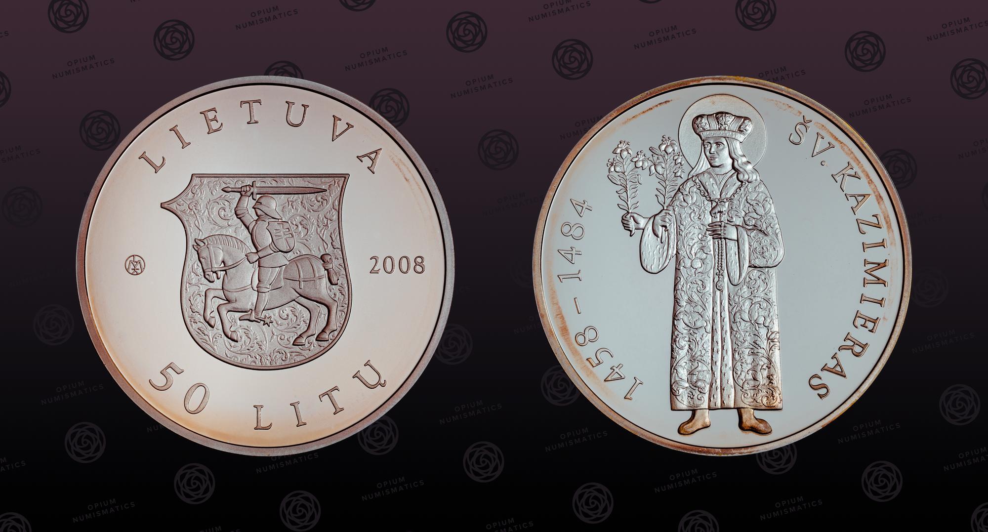 LITHUANIA, KM# 154, Silver, 50 Litu, 2008, Proof, St. Casimer standing ...
