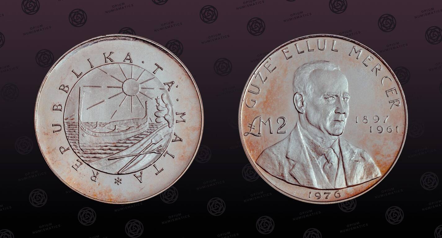 MALTA, KM# 40, Silver, 2 Pounds, 1976, Mint Strike, Guze Ellul Mercer ...