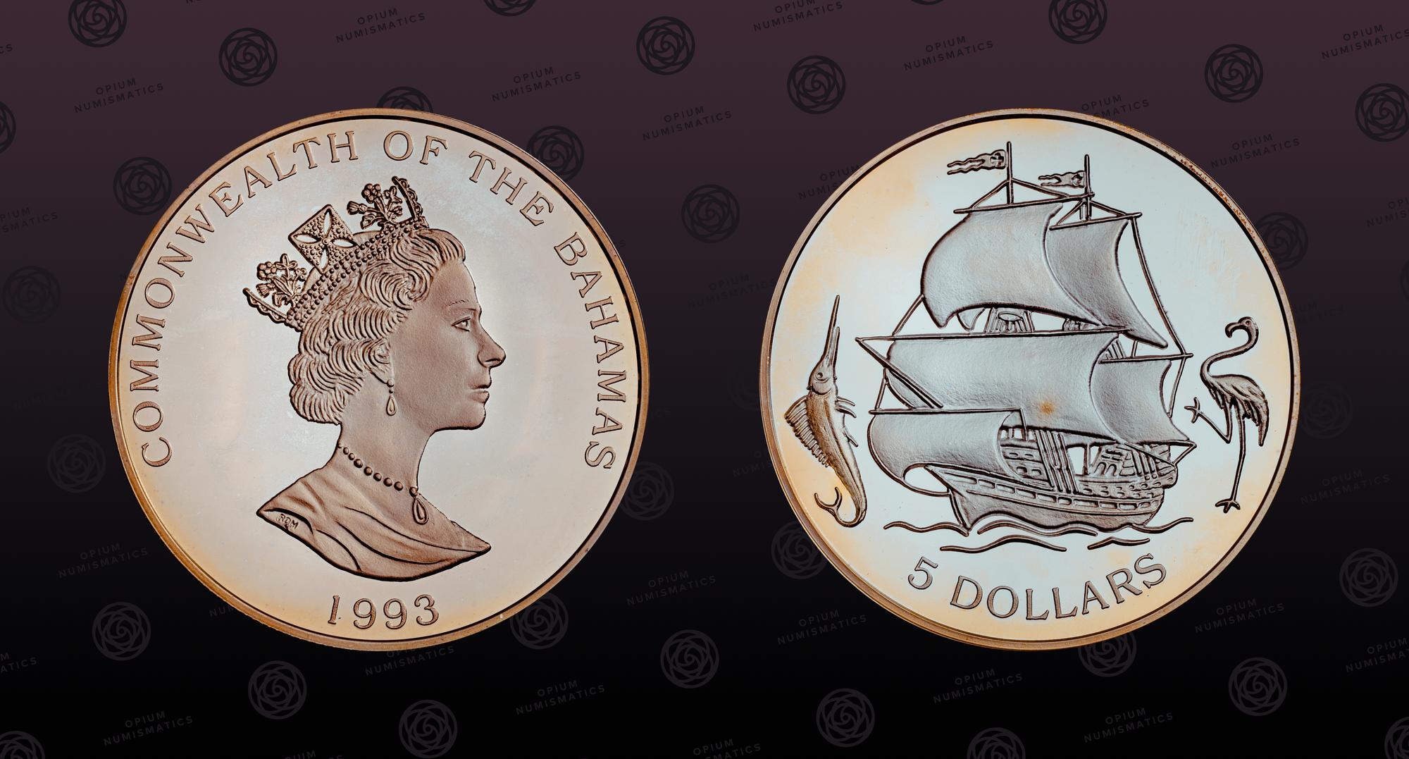 BAHAMAS, KM# 170, Silver, 5 Dollars, 1993, Proof, Sailing boat. Coin in ...