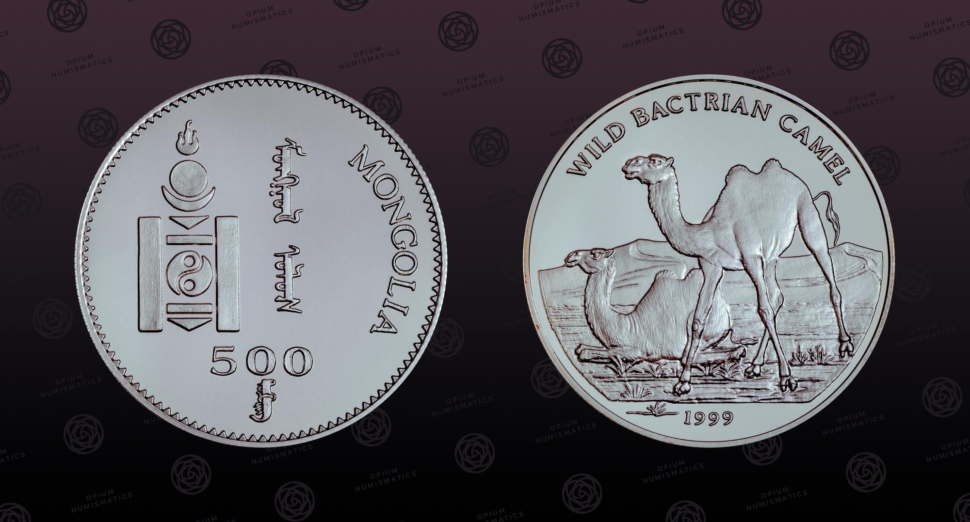 MONGOLIA, KM# 196, Silver, 500 Tugrik, 1999, Proof, Two Wild Bactrian ...