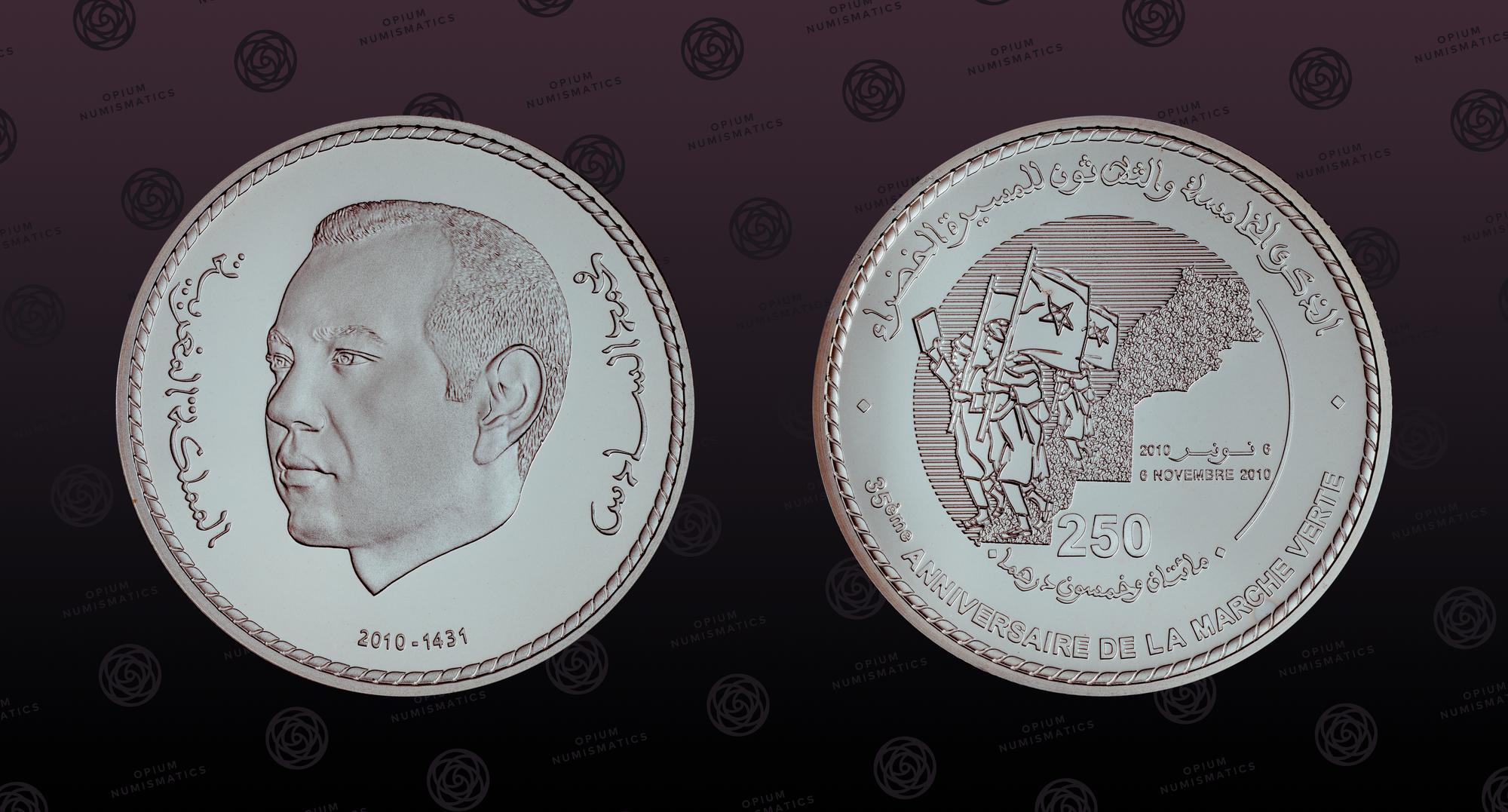 MOROCCO, Y# 132, Silver, 250 Dirhams, AH1431-2010, Proof, Green March 35th Anniversary. Very ...