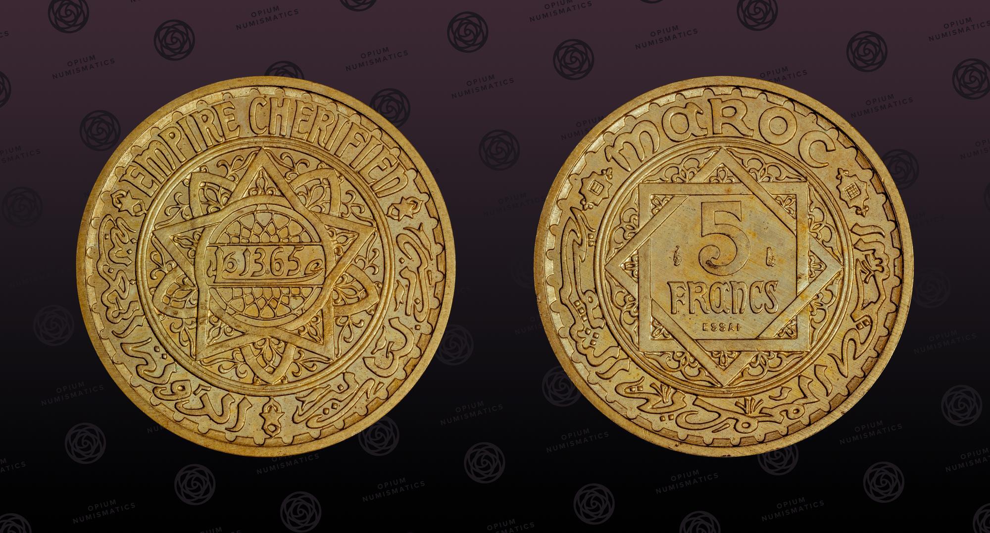 MOROCCO, KM PE6, Aluminum-Bronze, 5 Francs, AH1365-1946, Specimen, Very ...