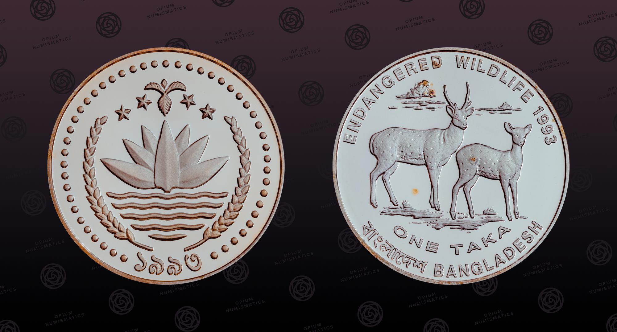 BANGLADESH, KM# 15, Silver, 1 Taka, 1993, Proof, Endangered Wildlife ...