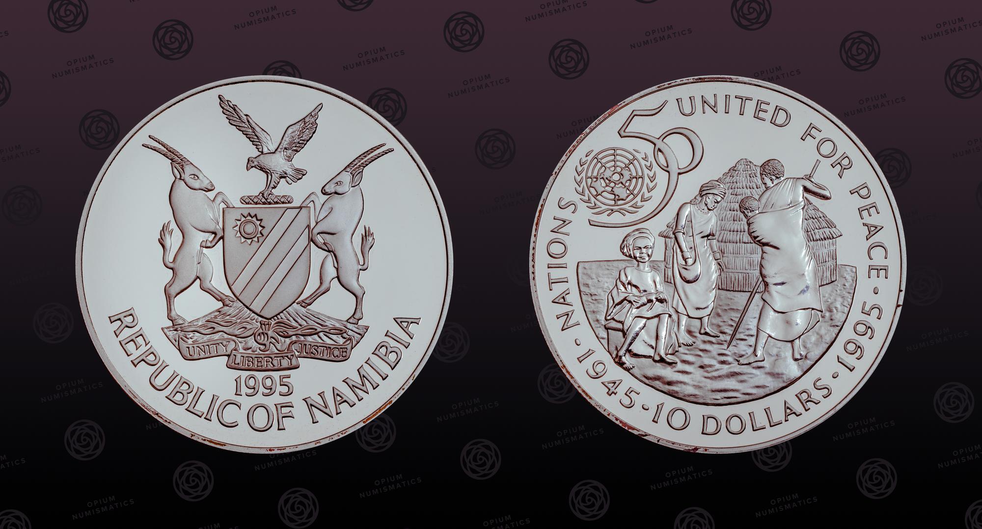 NAMIBIA, KM# 9a, Silver, 10 Dollars, 1995, Proof, U.N. 50th Anniversary ...