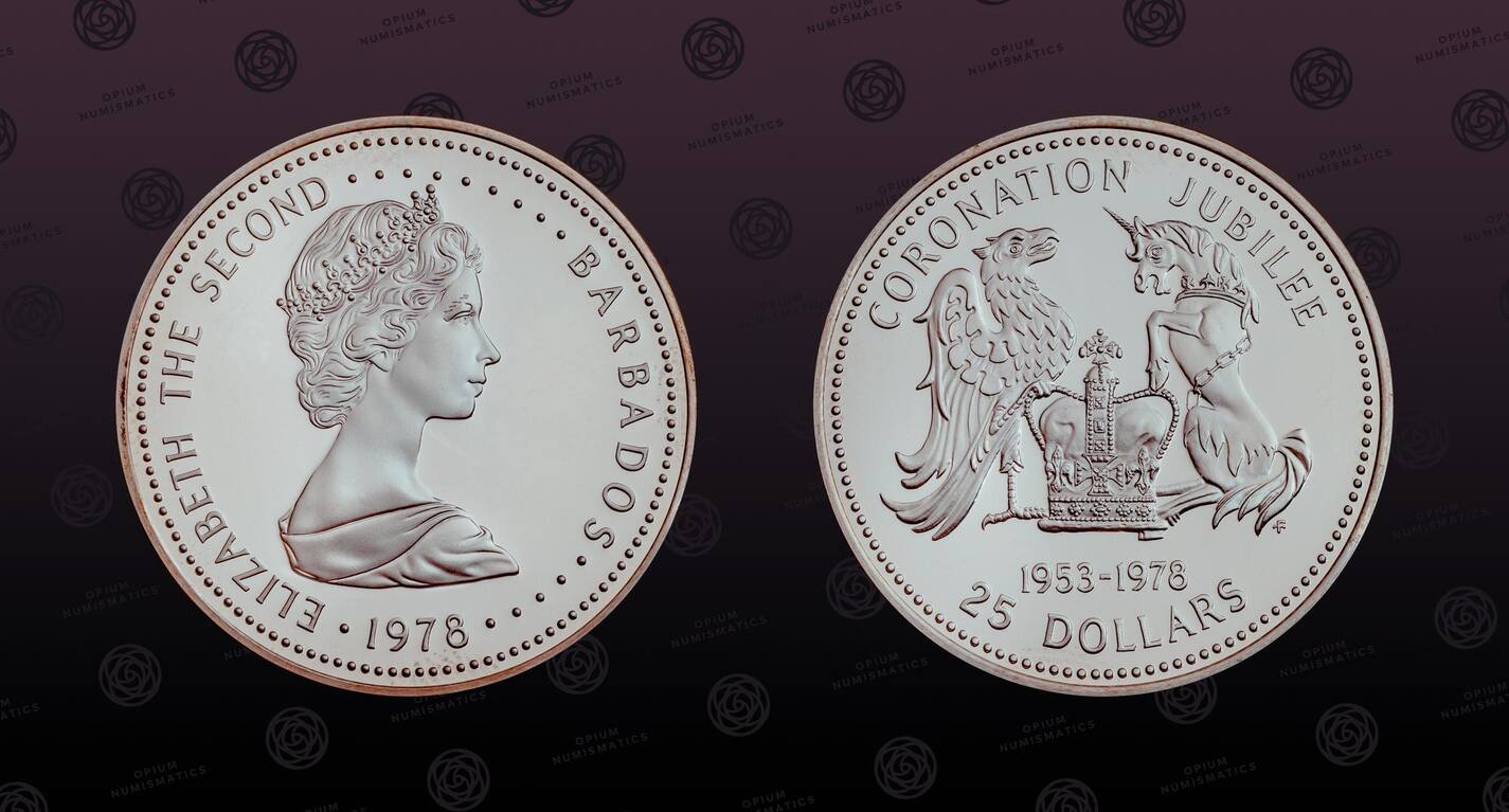 BARBADOS, KM# 27, Silver, 25 Dollars, 1978, Proof, Coronation Jubilee - Queen Elizabeth II. Coin ...