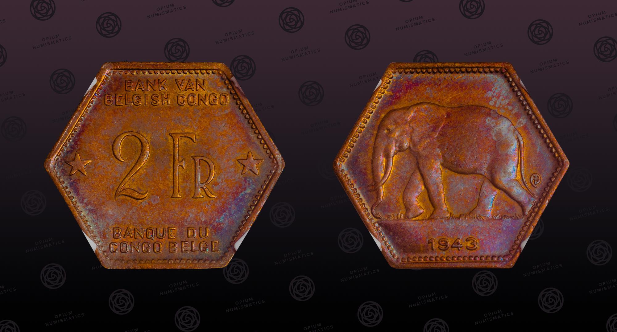 BELGIAN CONGO, KM# 25, Brass, 2 Francs, 1943, Mint Strike, Elephant. 6-sided. Scarce coin in ...