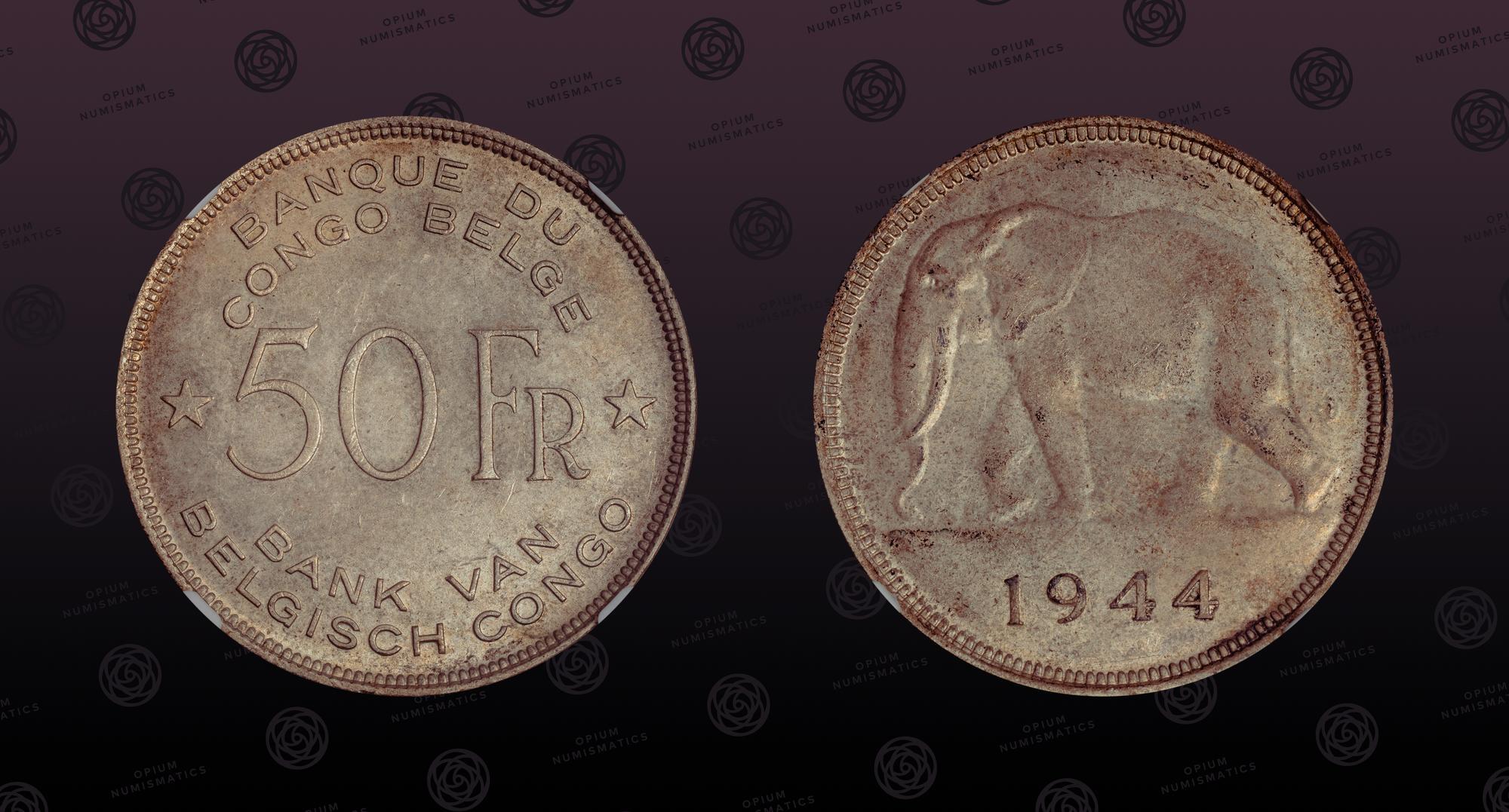 BELGIAN CONGO, KM# 27, Silver, 50 Francs, 1944, Mint Strike, Elephant ...