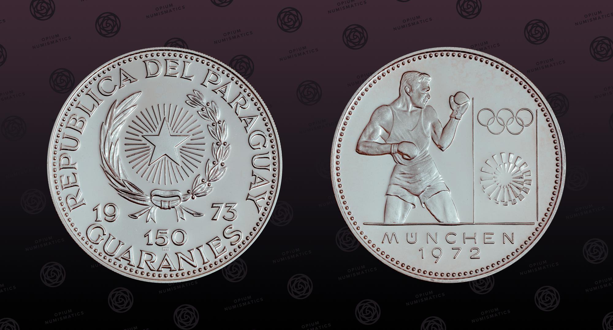 PARAGUAY, KM# 37, Silver, 150 Guaranies, 1973, Proof, Munich Olympics ...
