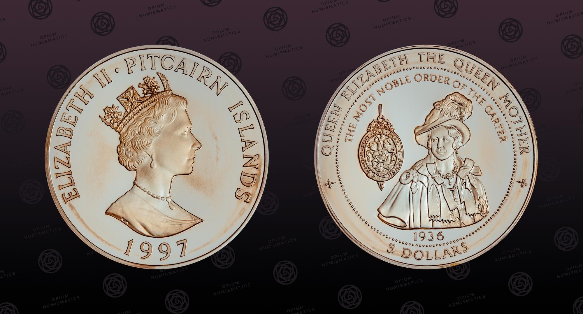 PITCAIRN ISLANDS, KM# 11, Silver, 5 Dollars, 1997, Proof, Queen Mother ...