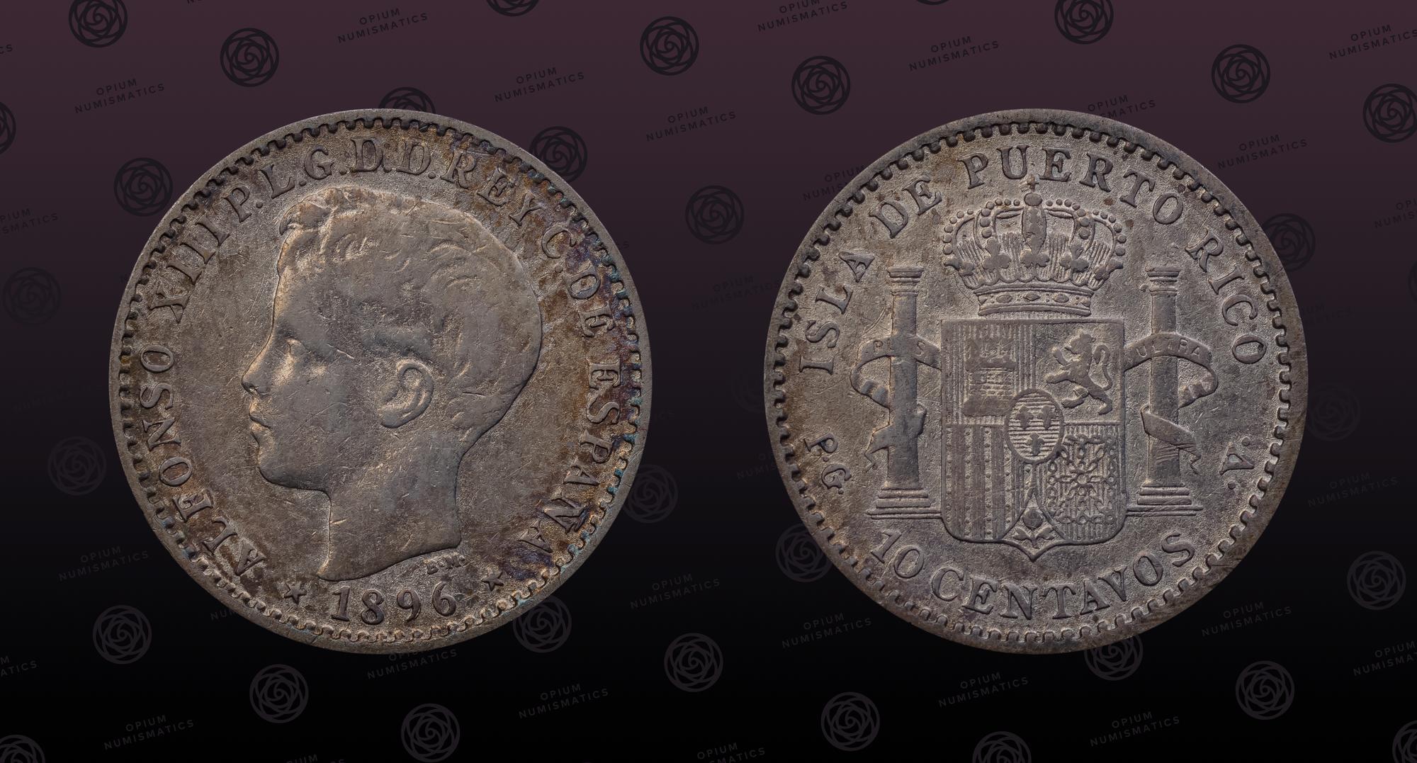 PUERTO RICO, KM# 21, Silver, 10 Centavos, 1896, Mint Strike, Bust of ...