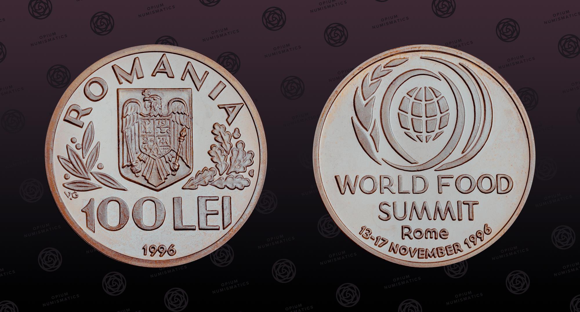ROMANIA, KM# 133, Silver, 100 Lei, 1996, Proof, World Food Summit ...