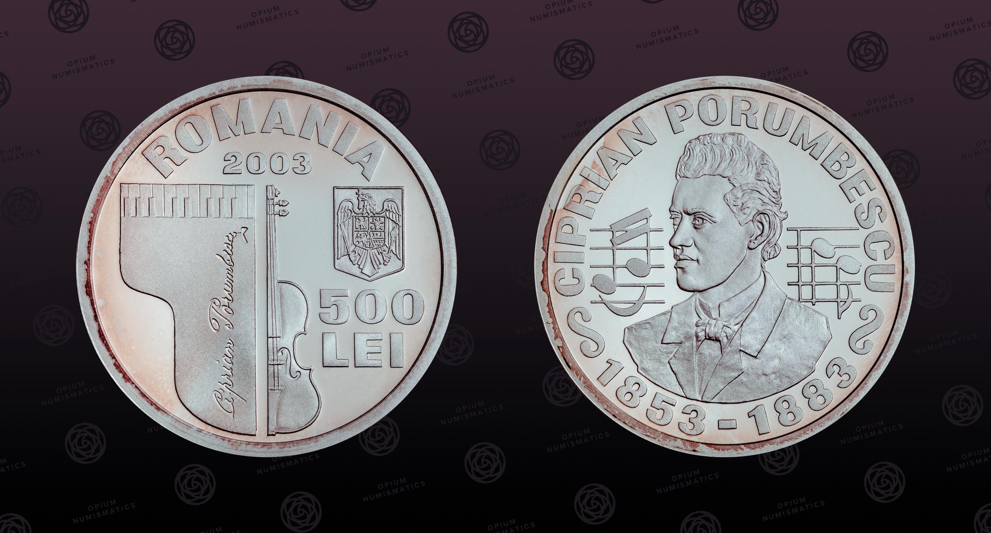 ROMANIA, KM# 177, Silver, 500 Lei, 2003, Proof, Ciprian Porumbescu ...