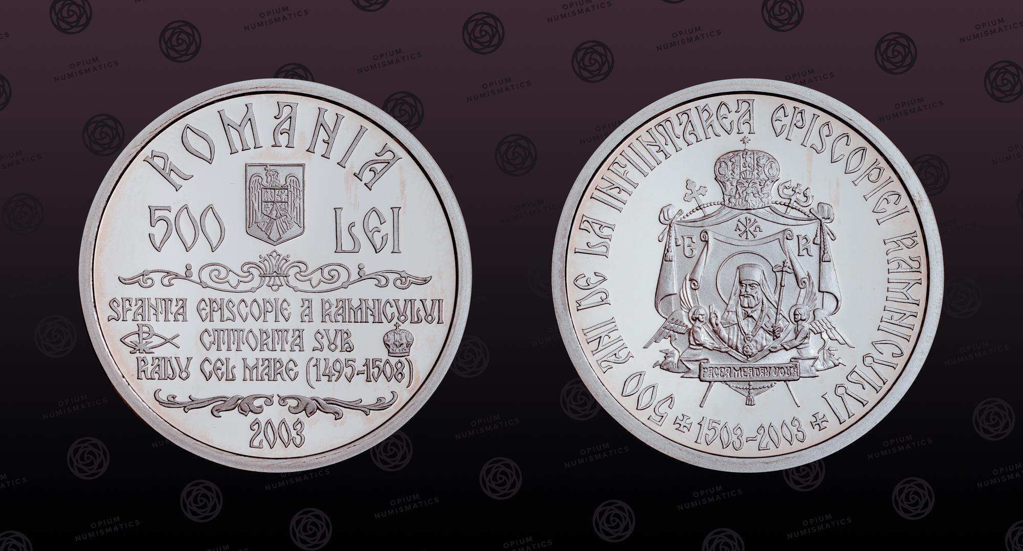 ROMANIA, KM# 178, Silver, 500 Lei, 2003, Proof, Bishropic of Ramnic ...