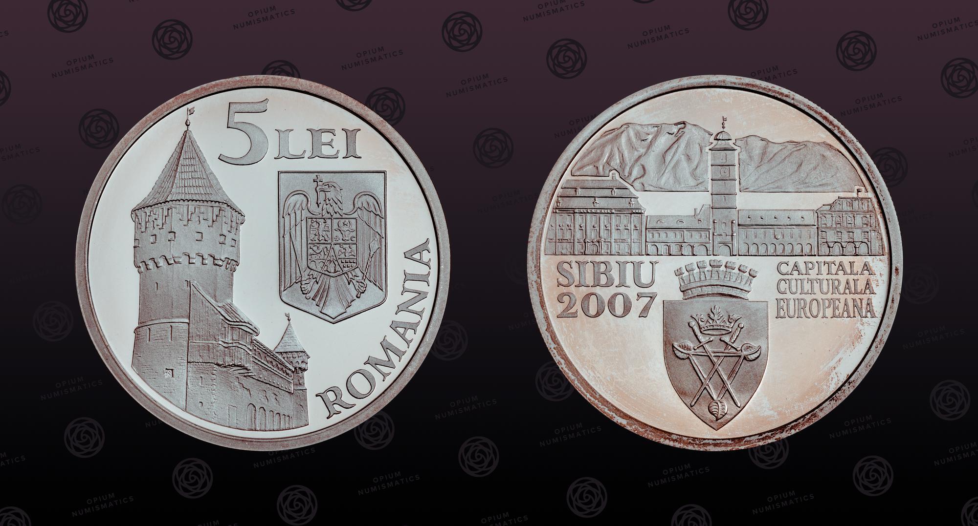 ROMANIA, KM# 202, Silver, 5 Lei, 2007, Proof, Sibiu 2007 European ...