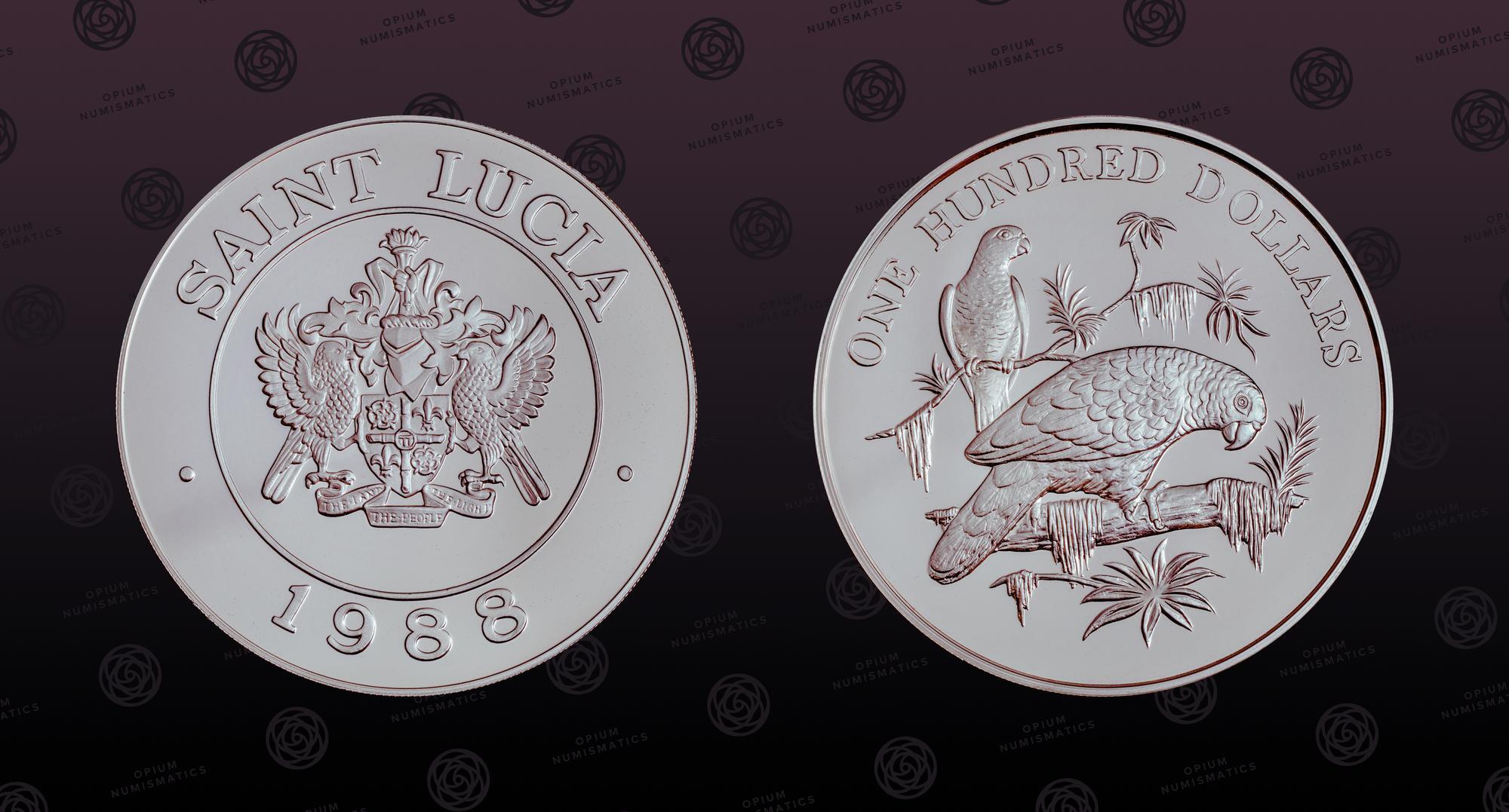 SAINT LUCIA, KM# 17, Silver, 100 Dollars, 1988, Proof, Tropical Birds ...