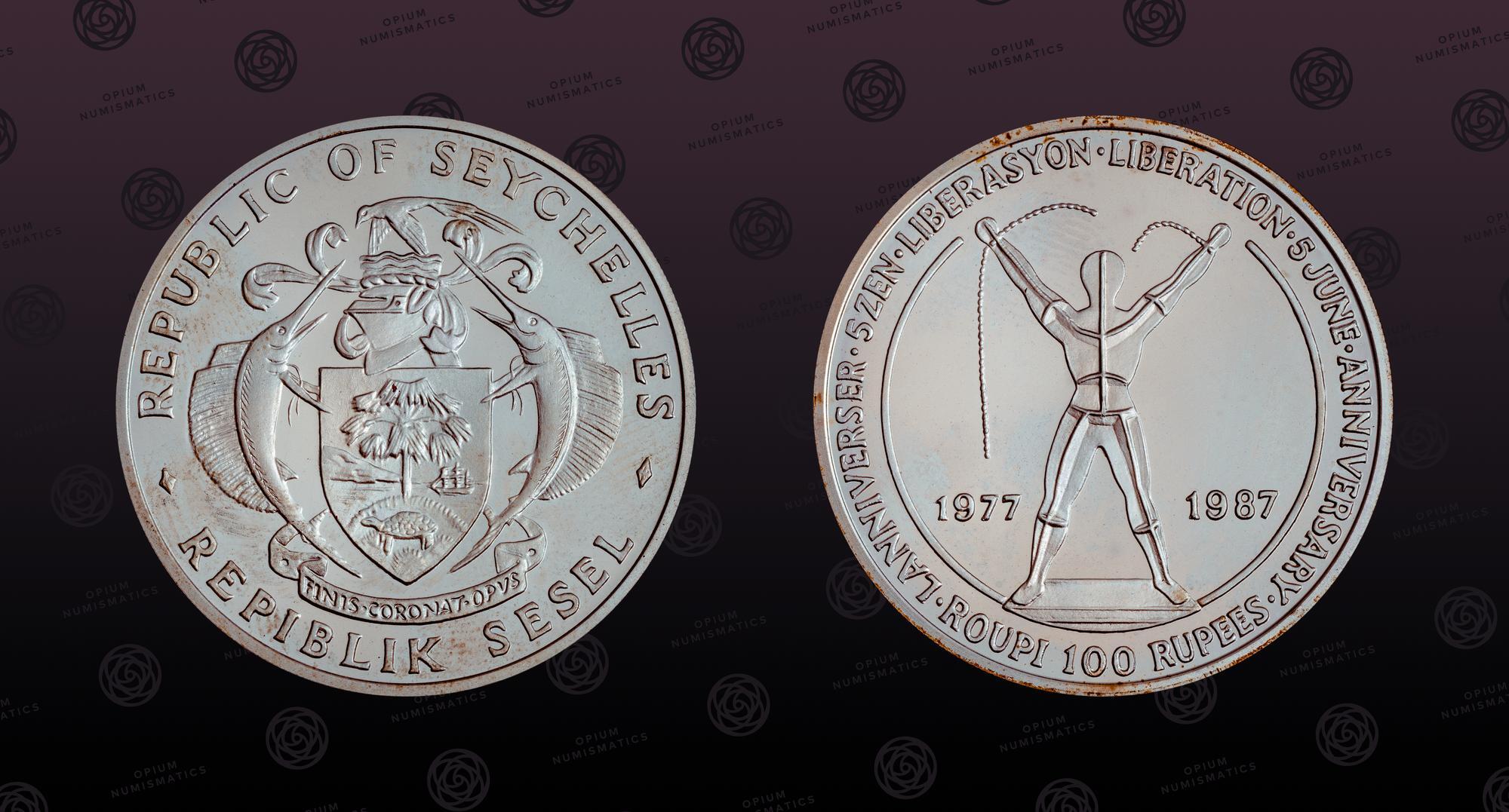 SEYCHELLES, KM# 57, Silver, 100 Rupees, 1987, Proof, 10th Anniversary ...