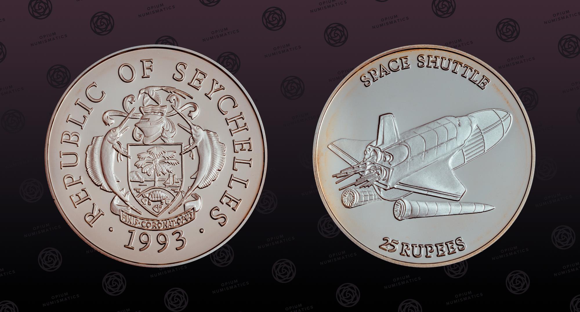 SEYCHELLES, KM# 68, Silver, 25 Rupees, 1993, Proof, Space Shuttle. Coin in excellent condition ...