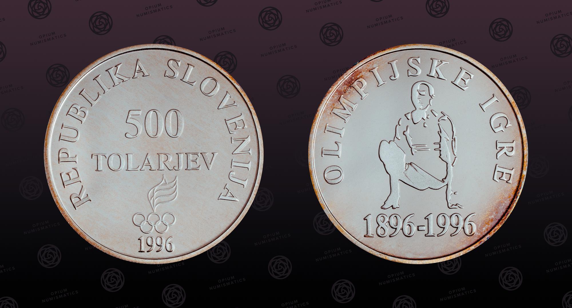 SLOVENIA, KM# 36, Silver, 500 Tolarjev, 1996, Proof, Olympics 1996 - Gymnast. Coin housed in ...