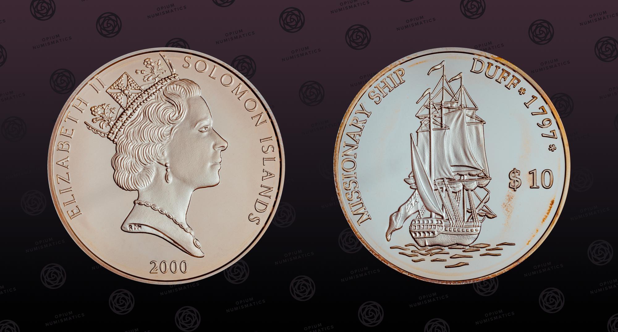 SOLOMON ISLANDS, KM# 74, Silver, 10 Dollars, 2000, Proof, Missionary Ship Duff 1797. Coin in ...