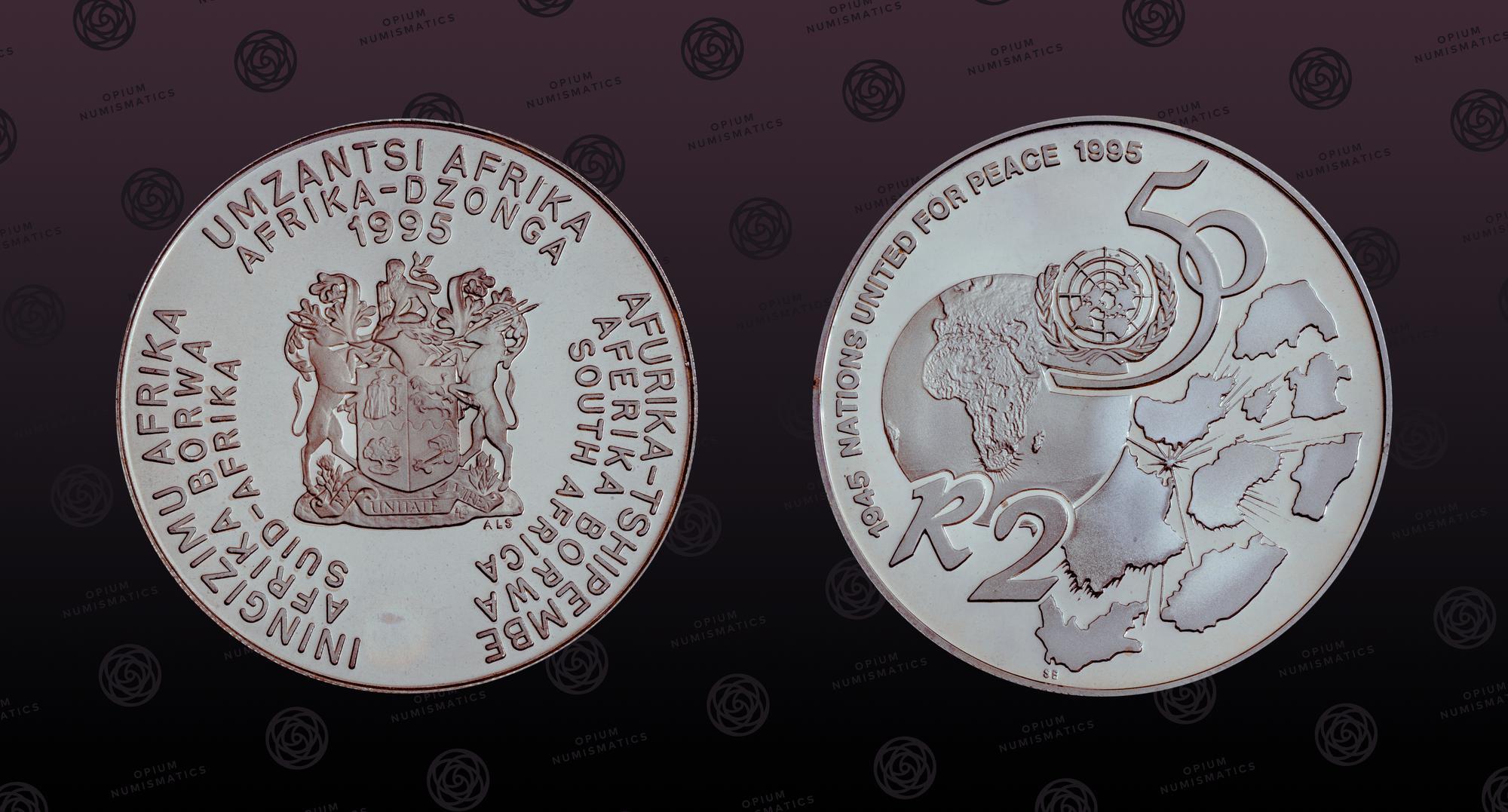SOUTH AFRICA, KM# 155, Silver, 2 Rand, 1995, Proof, 50th Anniversary ...