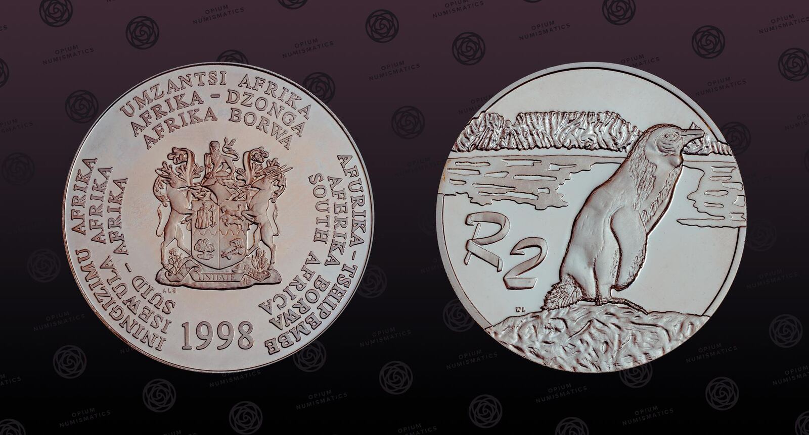 SOUTH AFRICA, KM# 179, Silver, 2 Rand, 1998, Proof, Jackas penguin ...