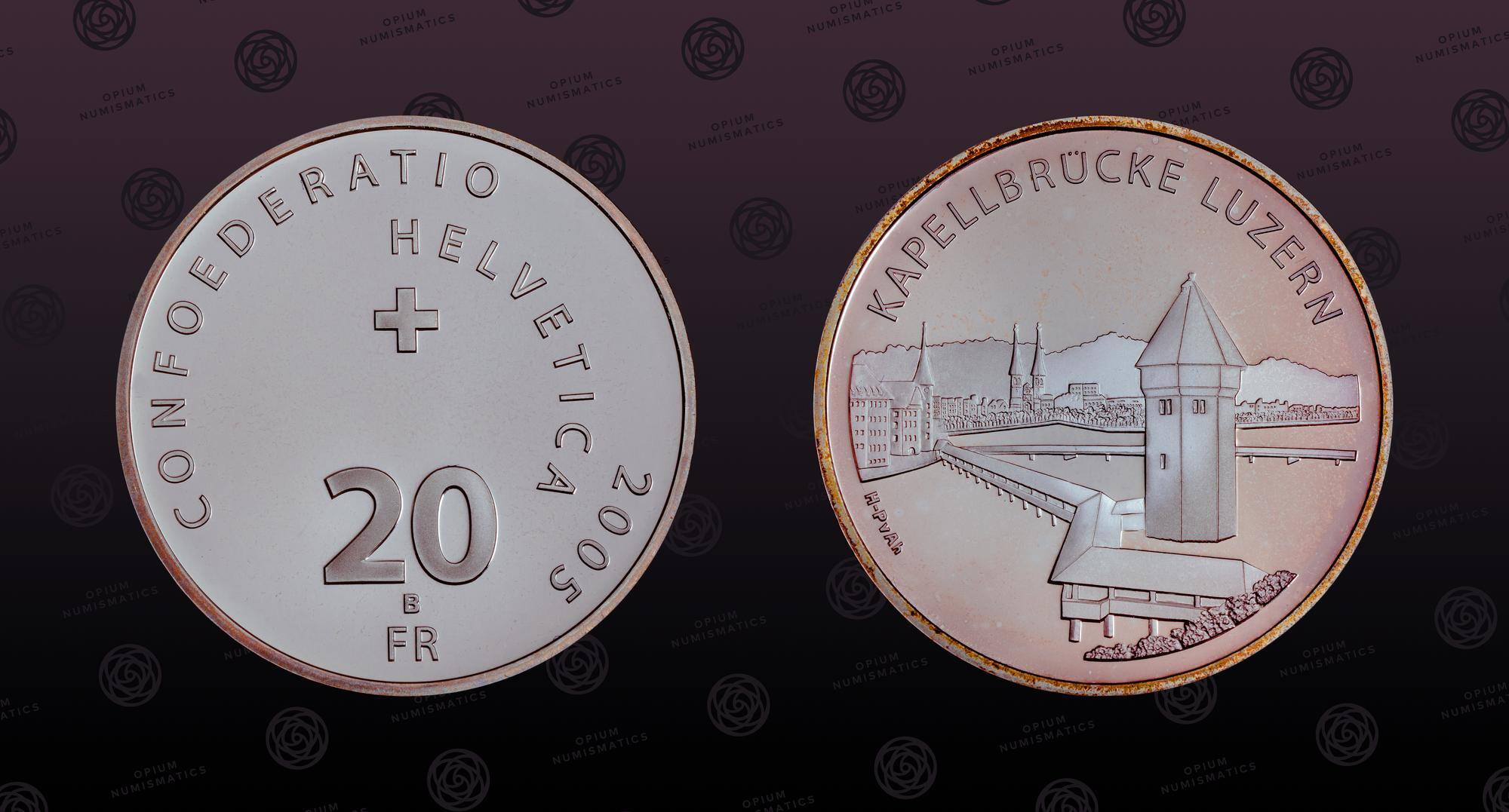 SWITZERLAND, KM# 122, Silver, 20 Francs, 2005, Proof, Kapellbrucke ...